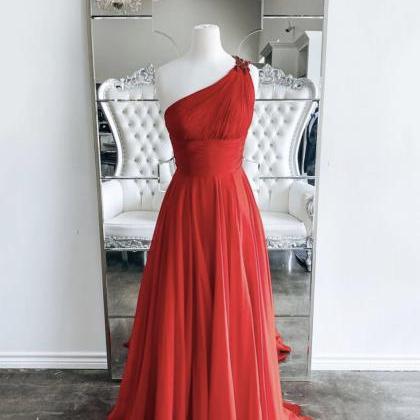 Red Chiffon Long Prom Dress One Shoulder Evening Dress on Luulla