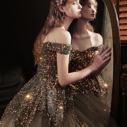 Shiny Sequins Long Prom Dress A Line Evening Dress on Luulla