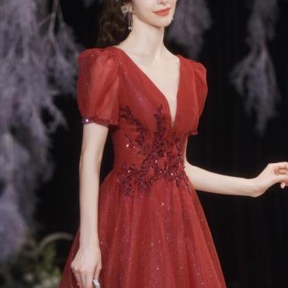 Red V Neck Tulle Long A Line Prom Dress Evening Dress on Luulla