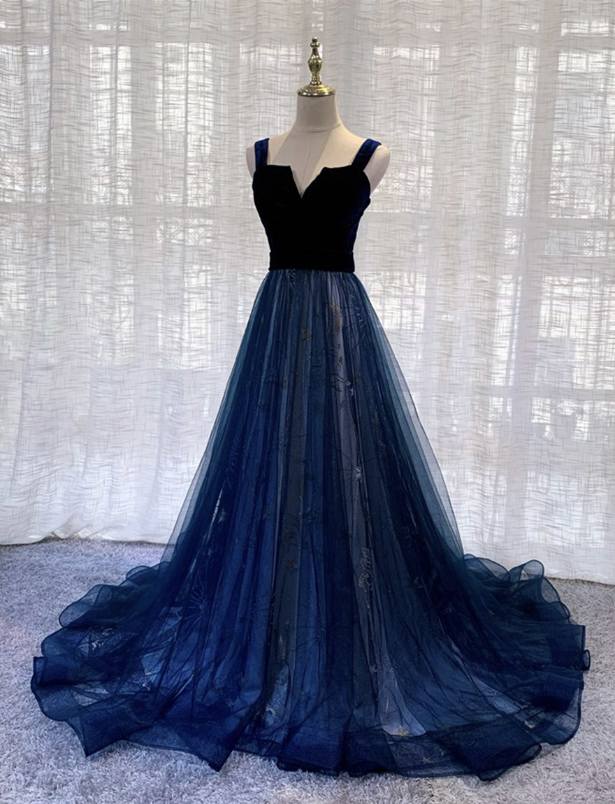 Blue Velvet Tulle Long Prom Dress Evening Dress on Luulla