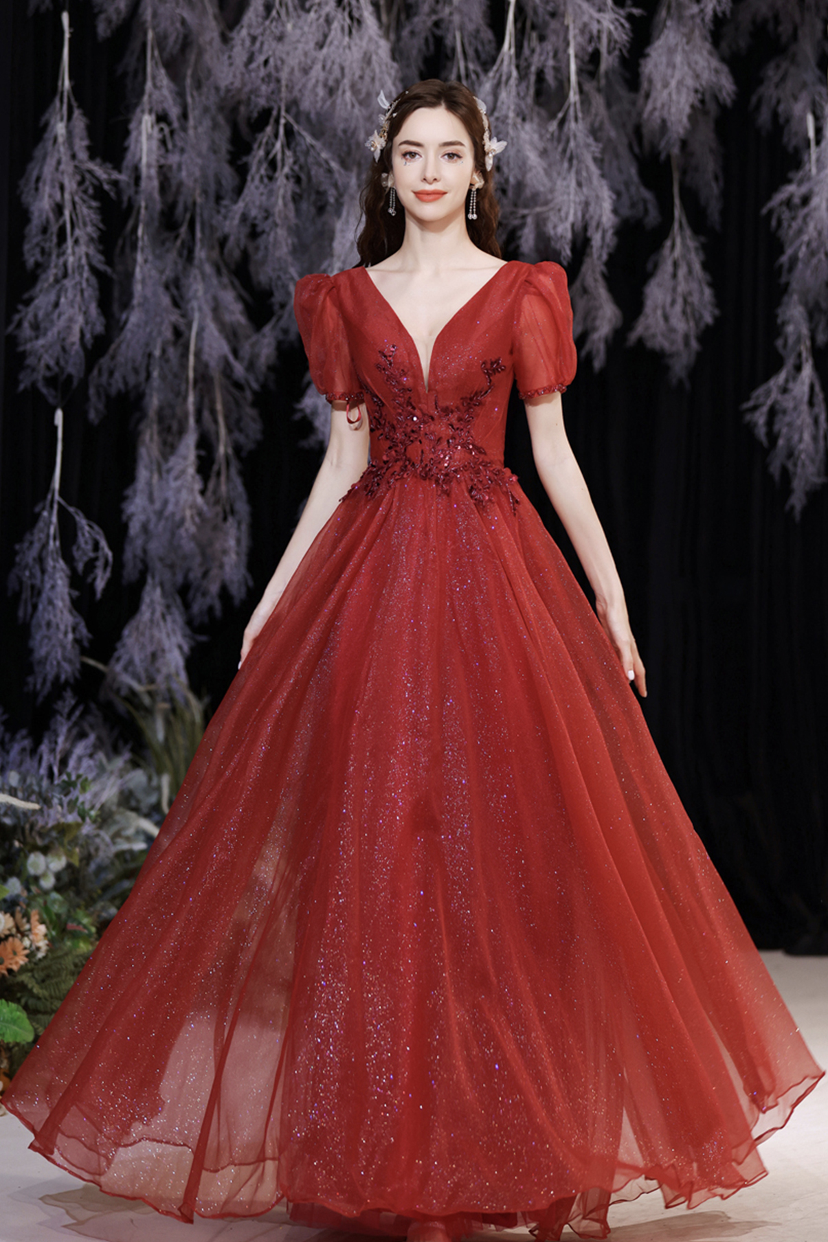 Red V Neck Tulle Long A Line Prom Dress Evening Dress on Luulla