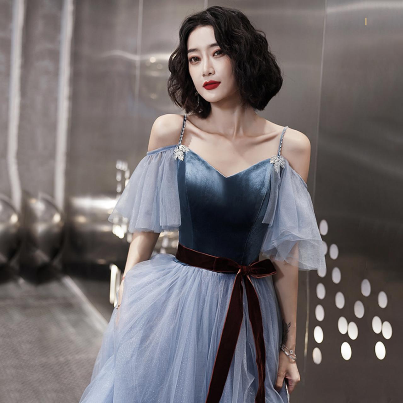 Blue Velvet Tulle Long Prom Dress Evening Dress on Luulla