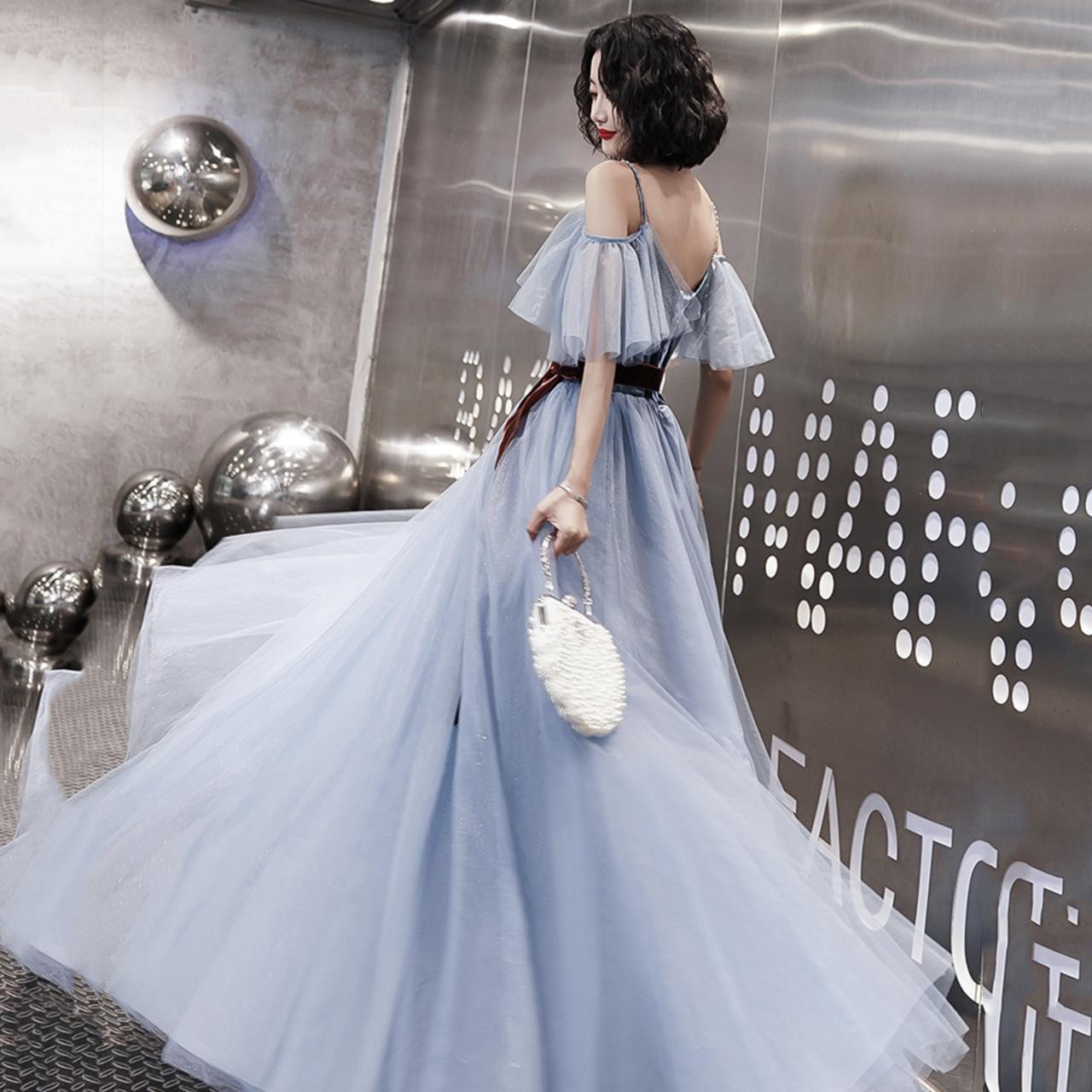 Blue Velvet Tulle Long Prom Dress Evening Dress on Luulla