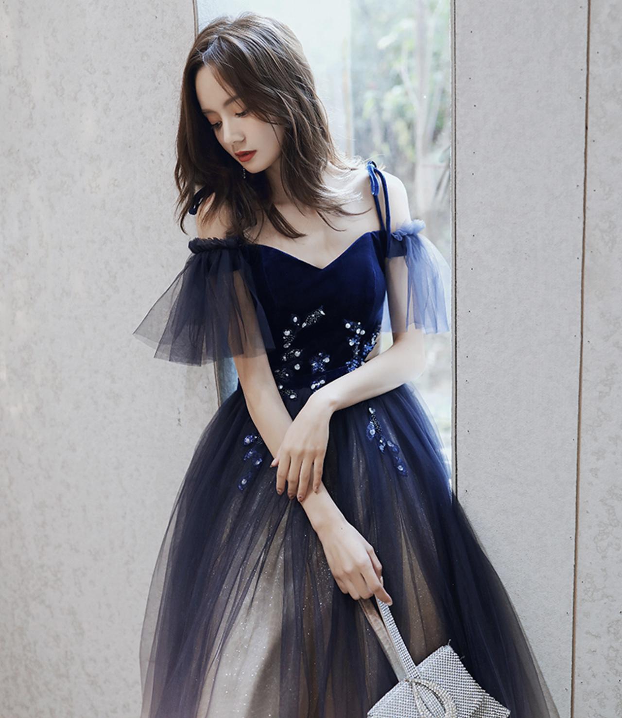 Blue Velvet Tulle Long Prom Dress A Line Evening Dress on Luulla