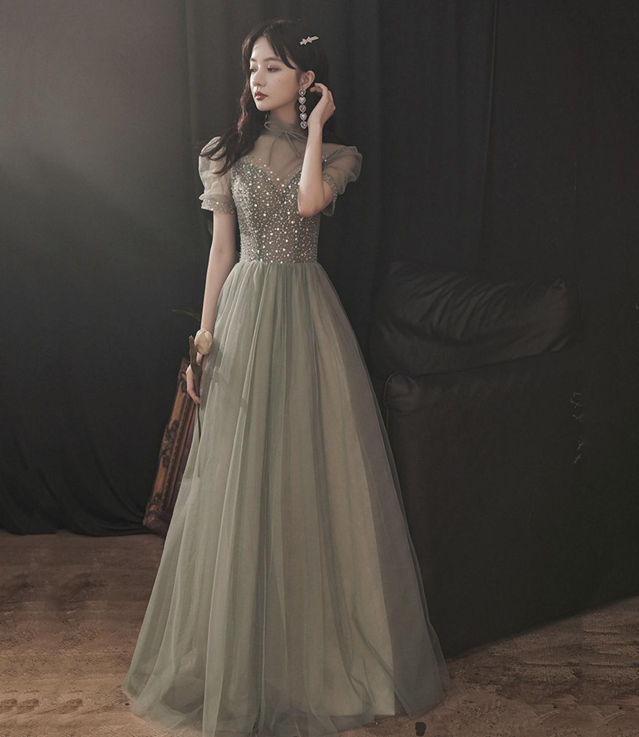 Green Tulle Beads Long Prom Dress A Line Evening Dress on Luulla