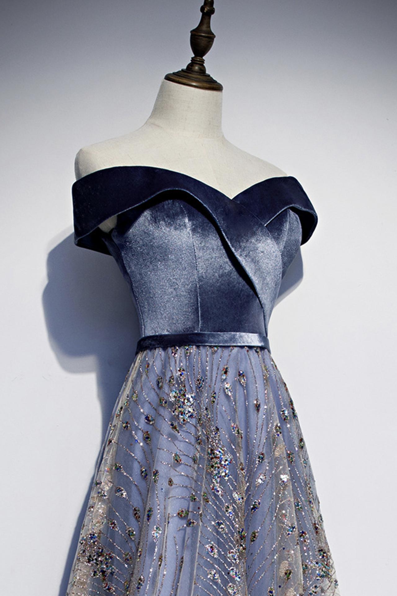 Blue Velvet Sequins Long Prom Dress A Line Evening Dress on Luulla