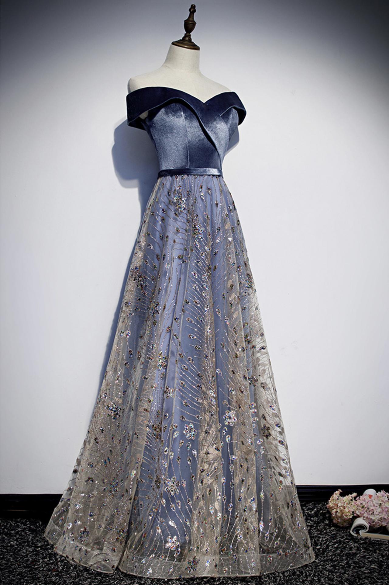 Blue Velvet Sequins Long Prom Dress A Line Evening Dress on Luulla