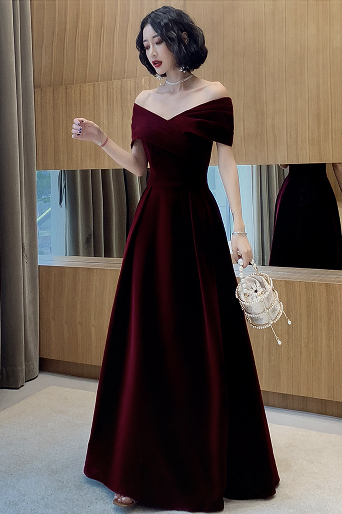 Beautiful Dark Red Velvet Off Shoulder Prom Dress, A-line Long Prom ...