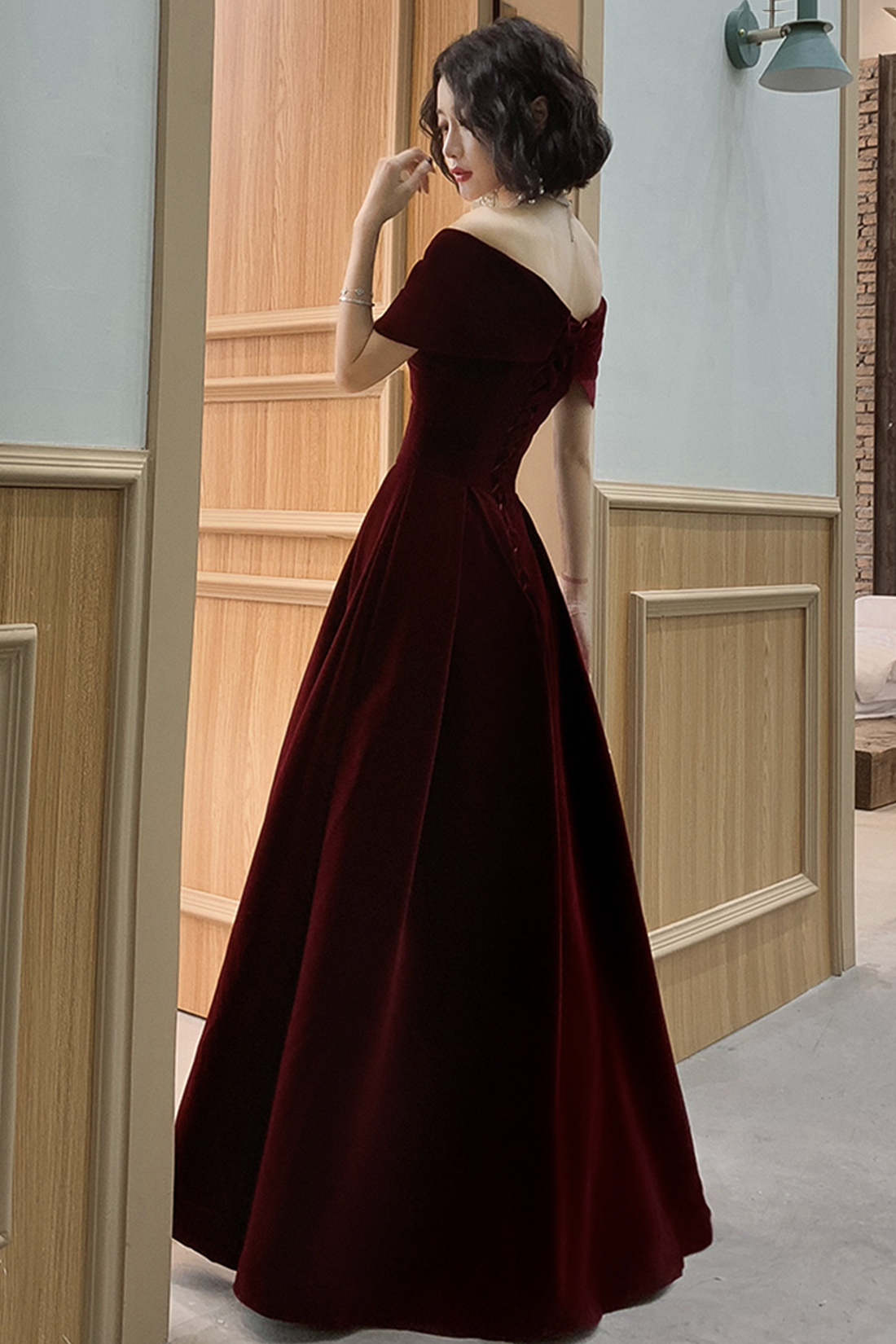 Beautiful Dark Red Velvet Off Shoulder Prom Dress, A-line Long Prom ...