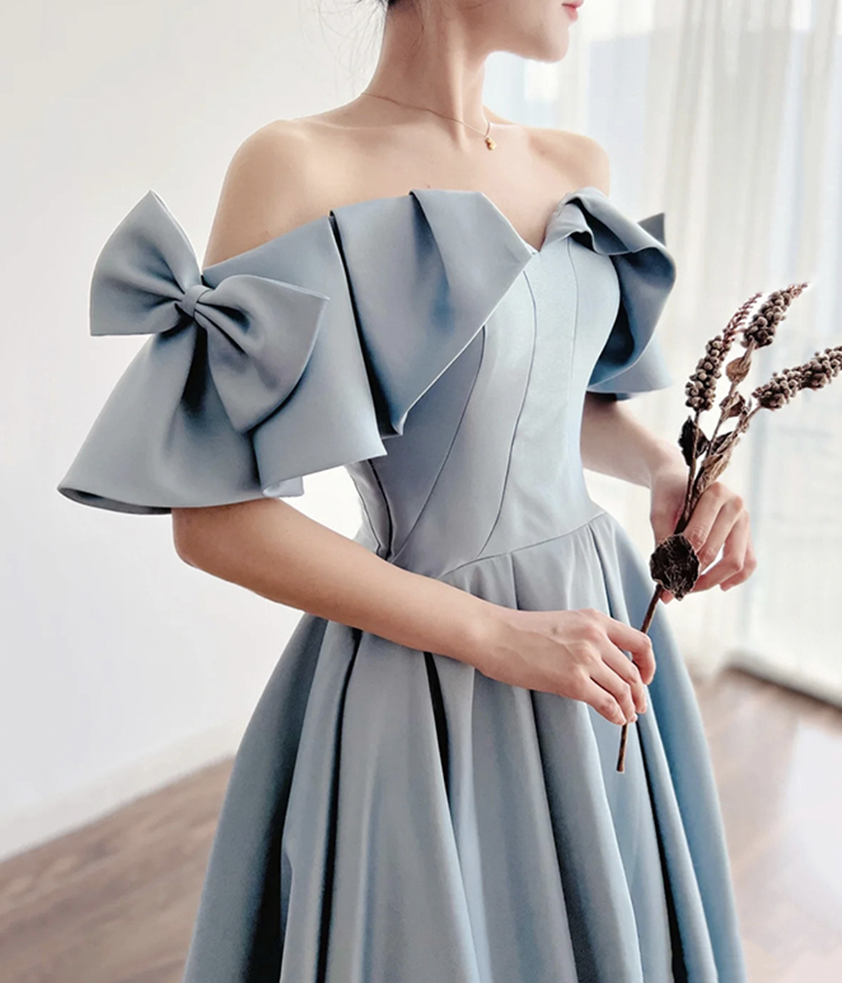 Blue Satin Long Prom Dress, Off Shoulder Evening Dress, Party Dress on ...