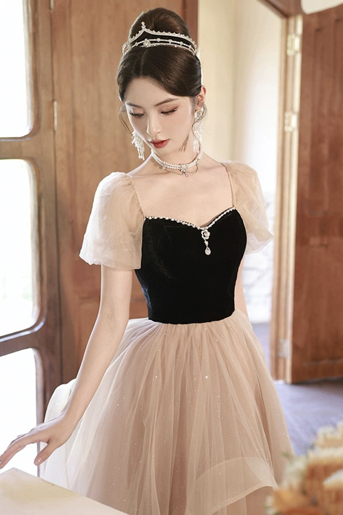 Cute Tulle Velvet Formal Dress, A-line Short Sleeves Long Prom Dress on ...