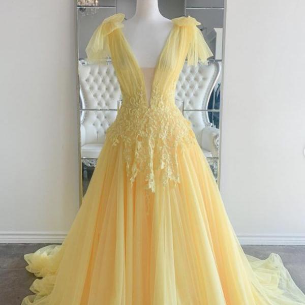 Yellow V Neck Lace Long Prom Dress Yellow Evening Dress on Luulla