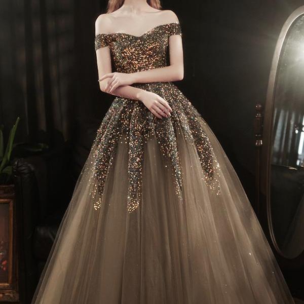 Shiny Sequins Long Prom Dress A Line Evening Dress on Luulla