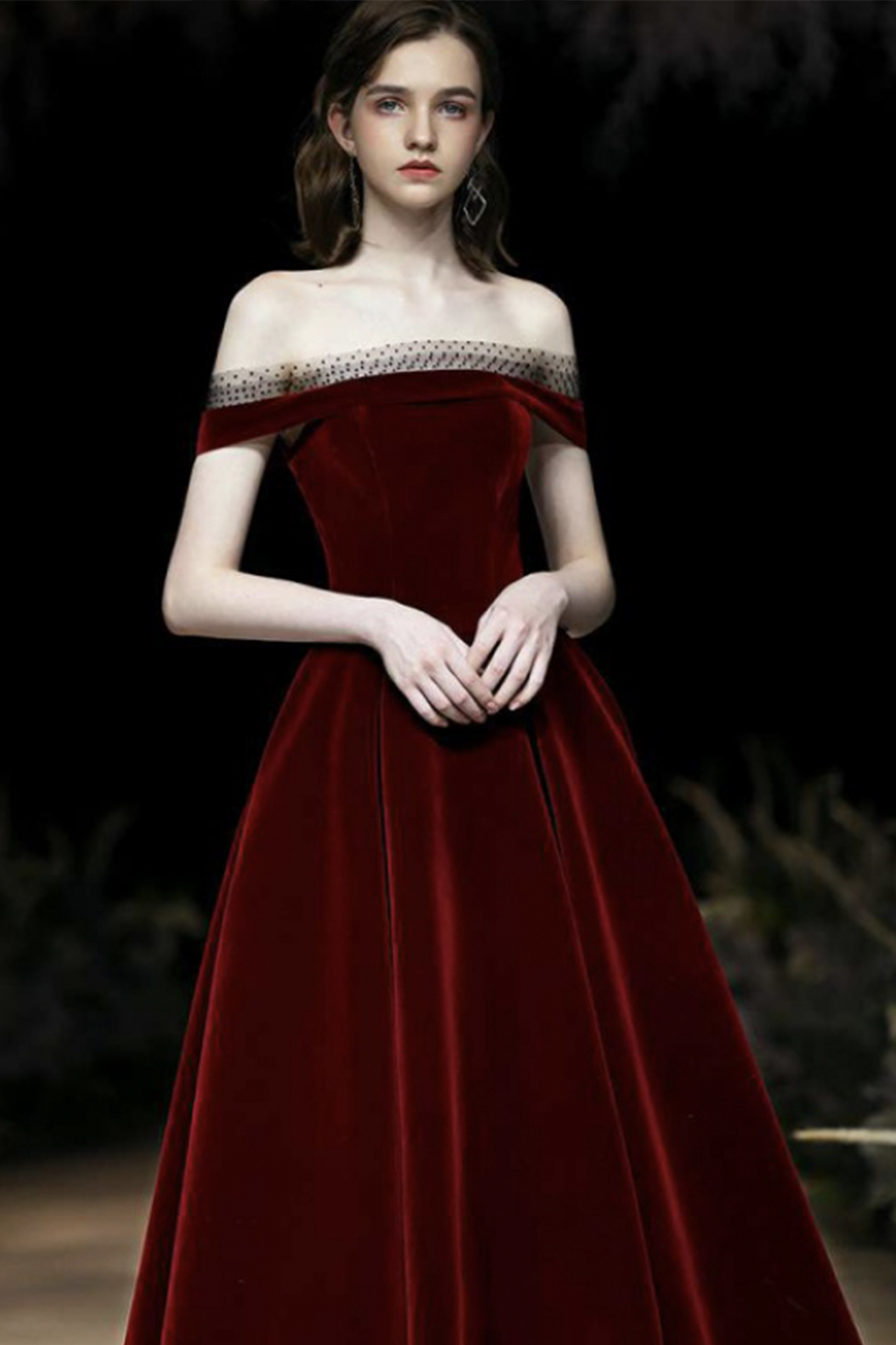 Cute Velvet Tea Length Prom Dress A Line Evening Dress on Luulla