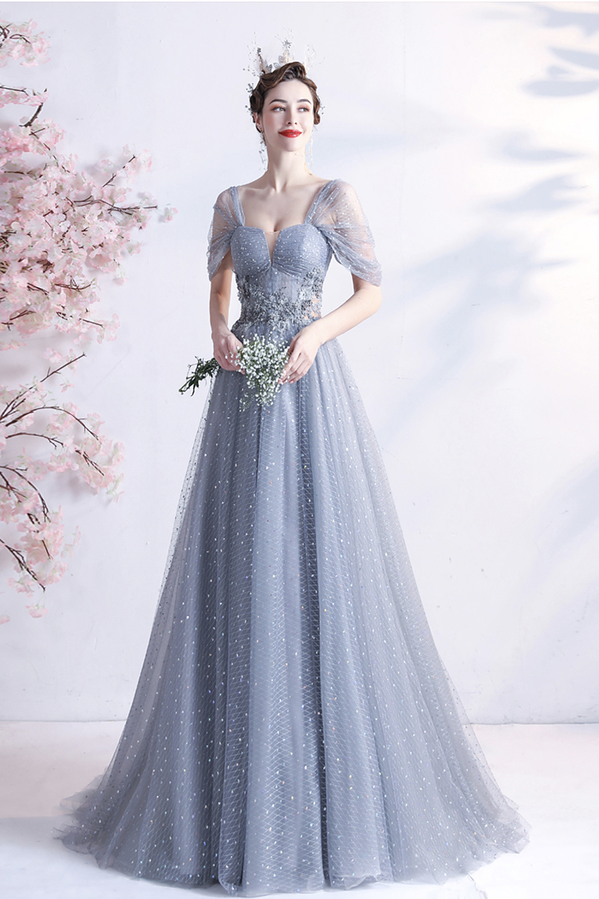 Gray Tulle Long A Line Prom Dress Gray Evening Dress on Luulla