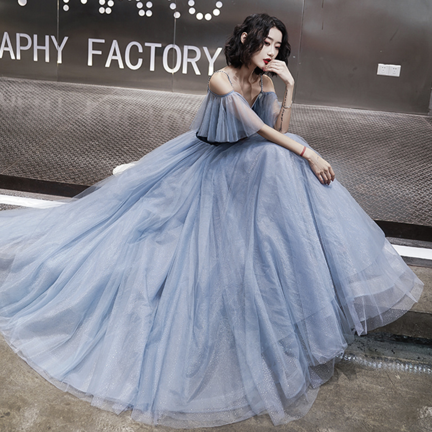 Blue Velvet Tulle Long Prom Dress Evening Dress on Luulla