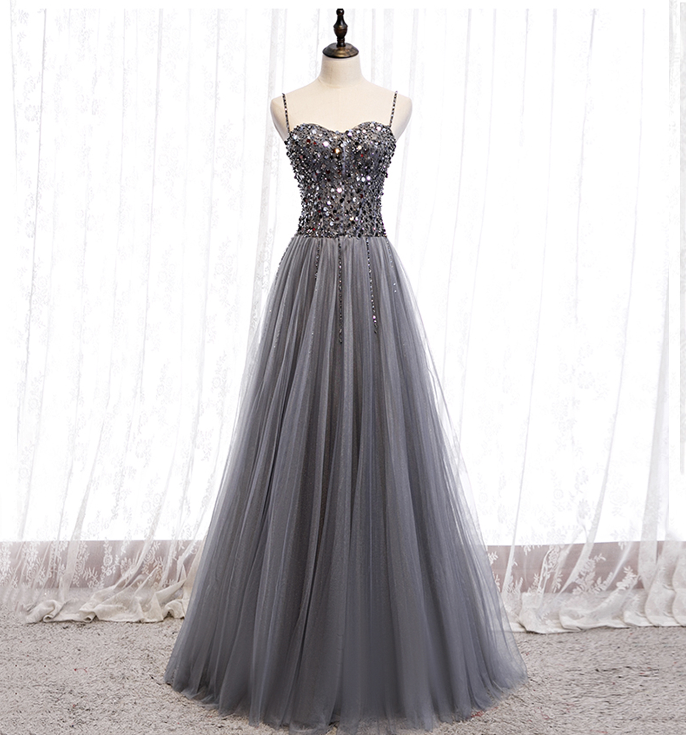 Gray Tulle Sequins Long Prom Dress A Line Evening Gown on Luulla