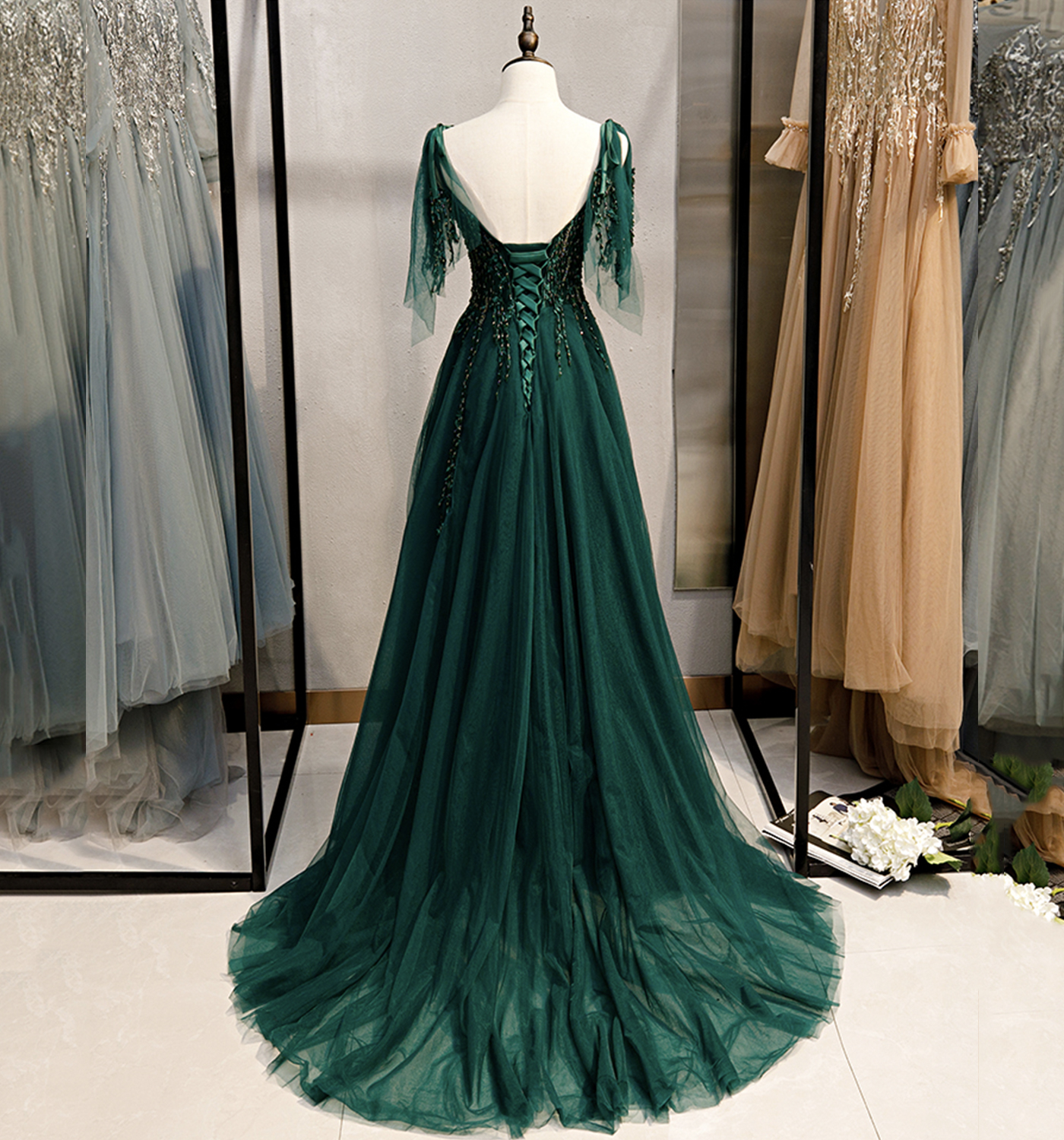 Green Tulle Long A Line Prom Dress Green Evening Gown on Luulla