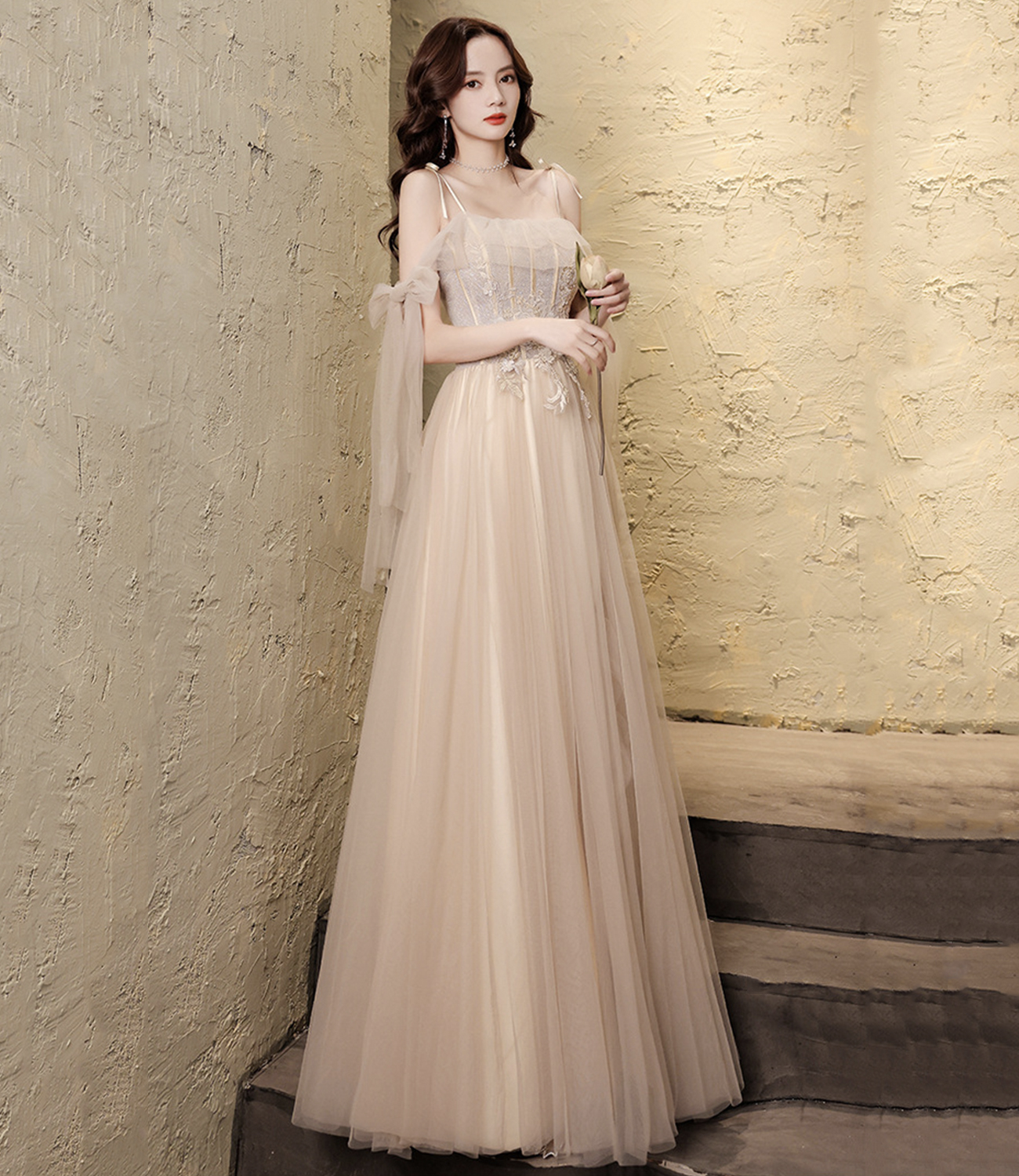 Champagne Tulle Lace Long Prom Dress A Line Evening Dress on Luulla