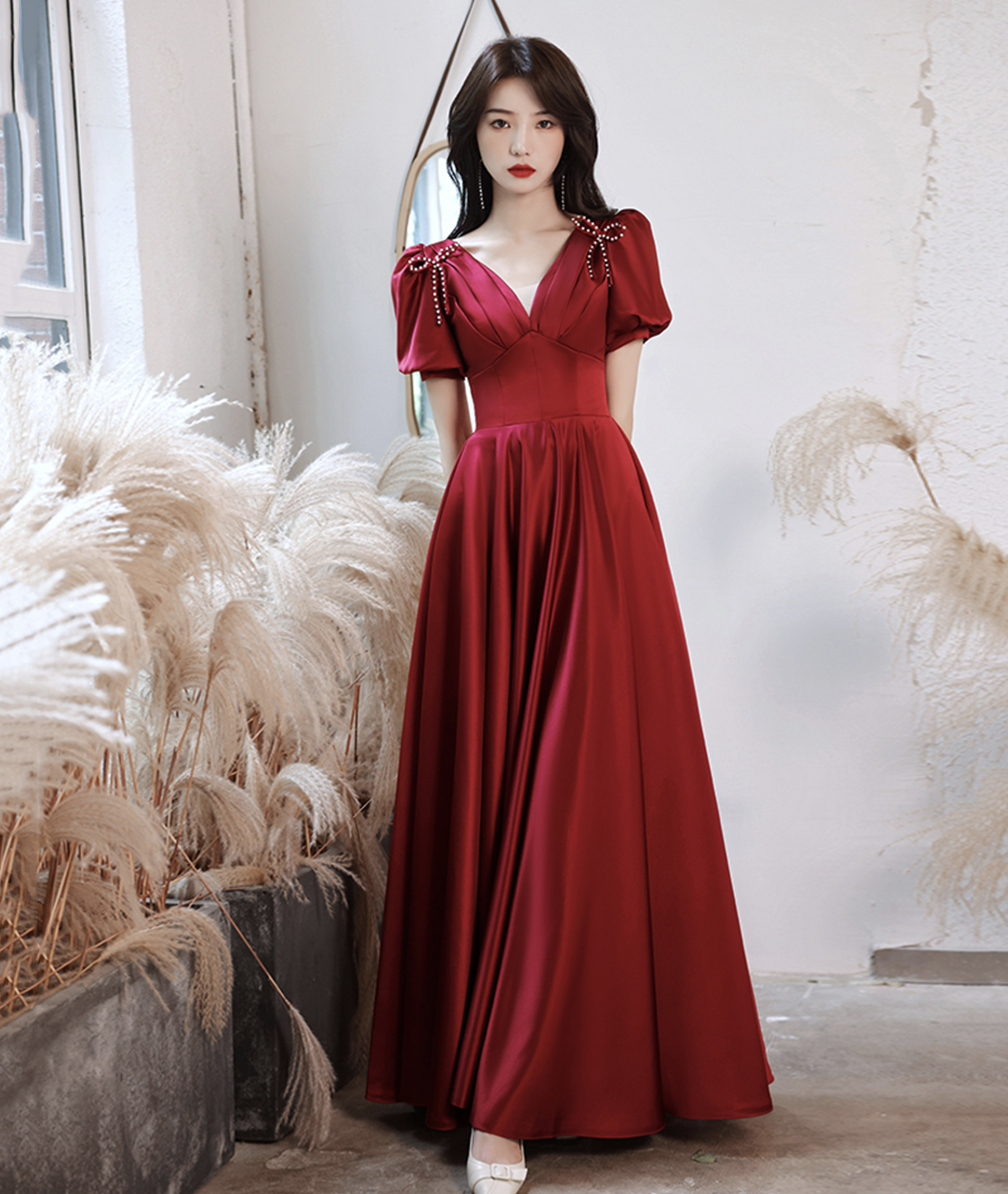 Cute V-neck Satin Long Prom Dresses, A-line Evening Dresses With Bow on ...