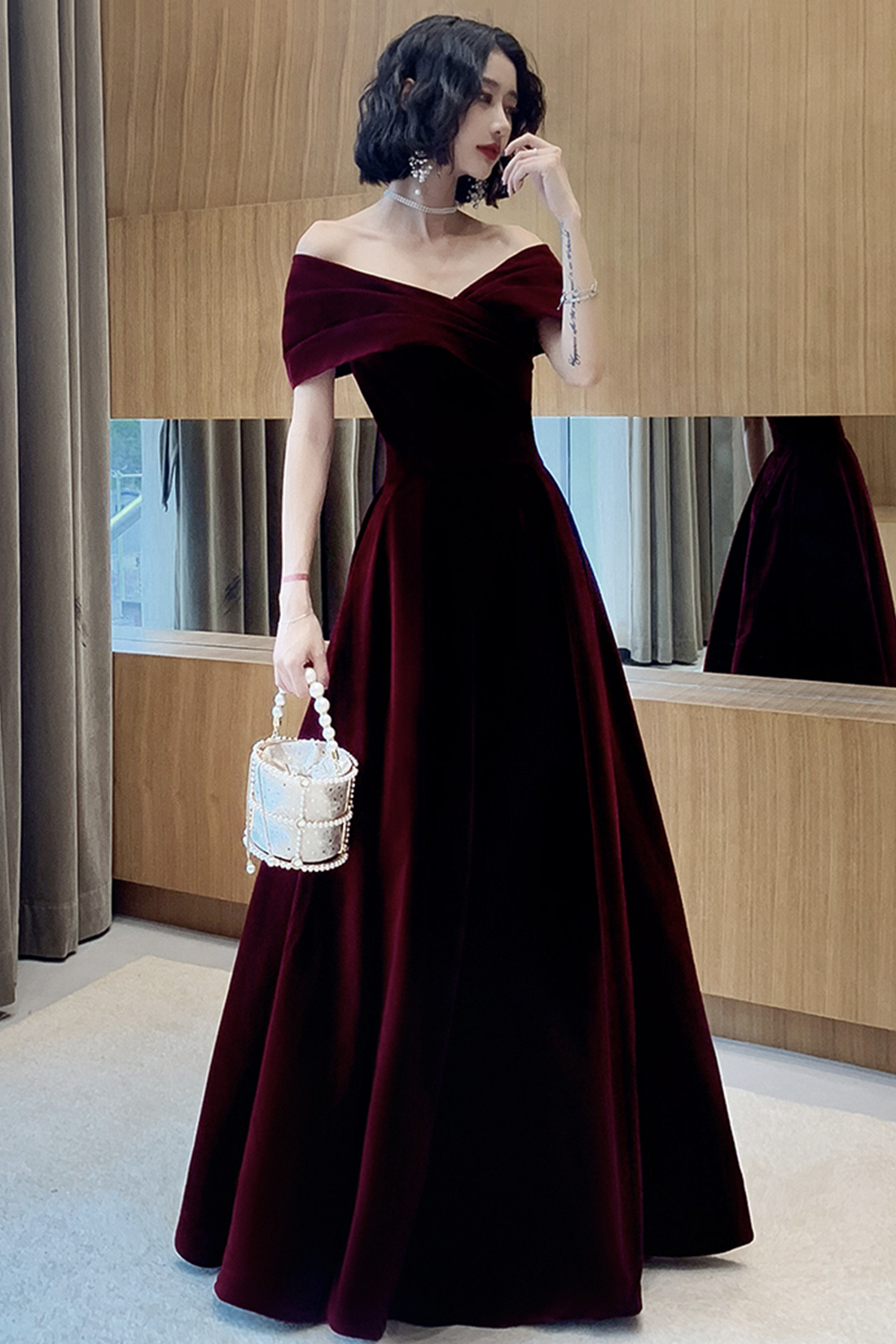 Beautiful Dark Red Velvet Off Shoulder Prom Dress, A-line Long Prom ...