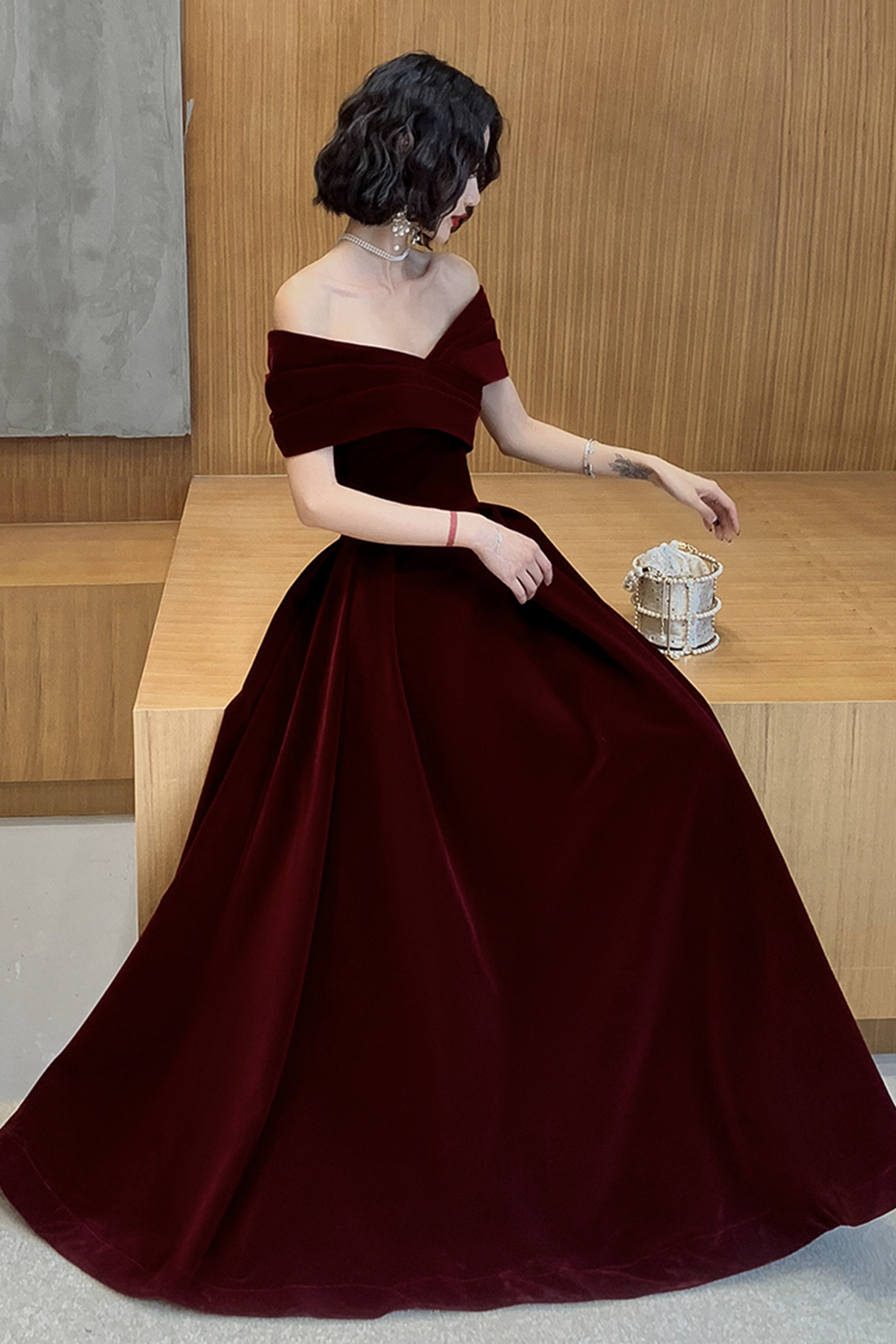 Beautiful Dark Red Velvet Off Shoulder Prom Dress, A-line Long Prom ...